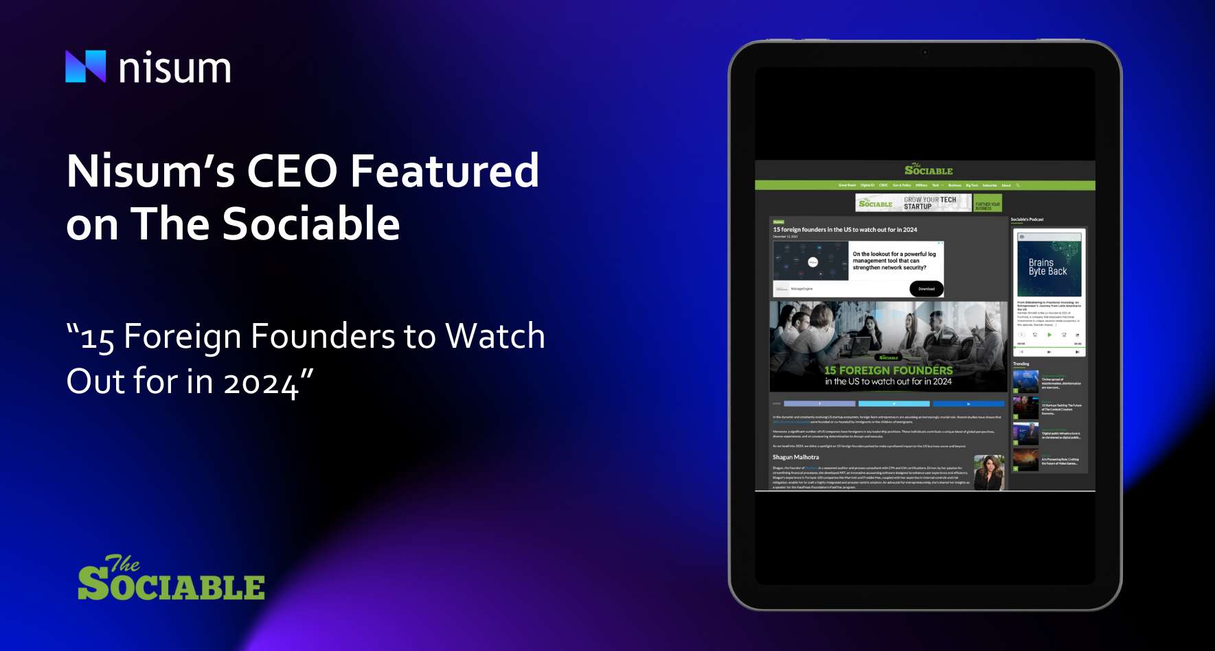 Nisum CEO Featured in The Sociable's Top 15 Foreign Founders 2024